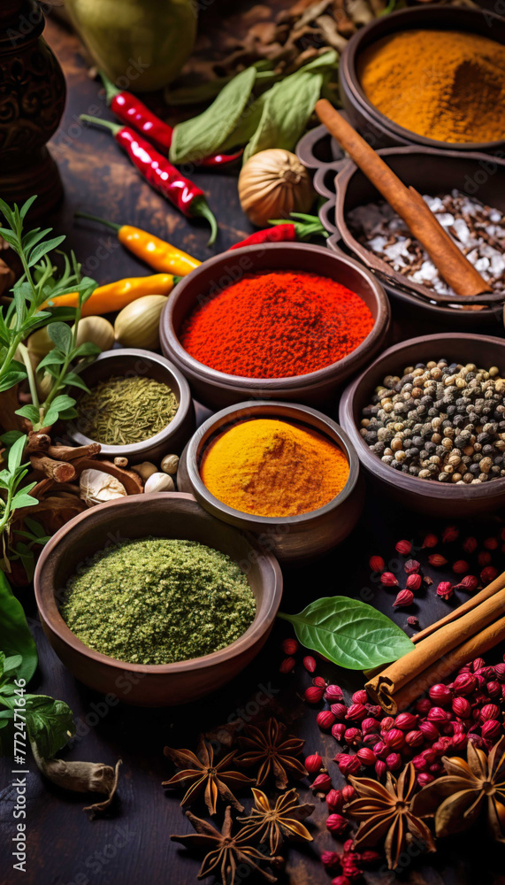 Colorful background of various herbs and spices for cooking in bowls ...