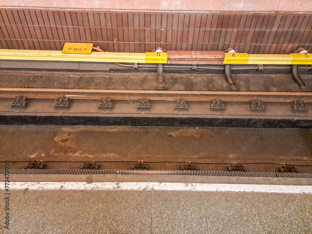 Railway underground tunnel which install running and conductor rail ...