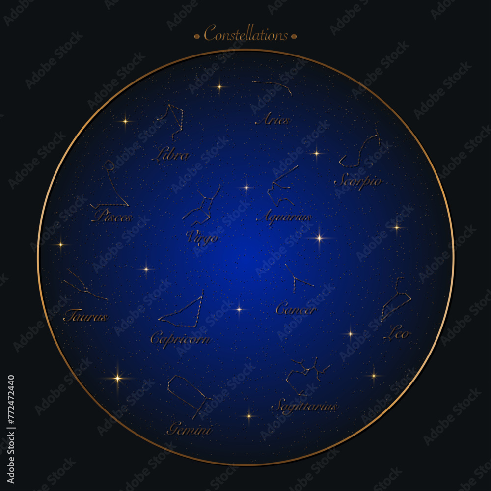 Zodiac wheel of constellations sign set, vector illustration ...