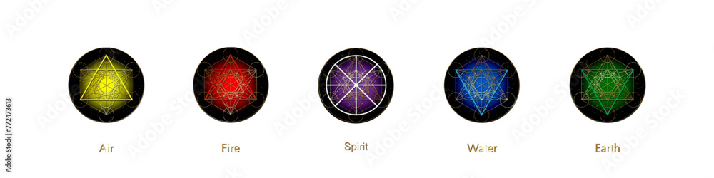 five elements icons and Magic Spirit symbol, Gold round symbols set ...