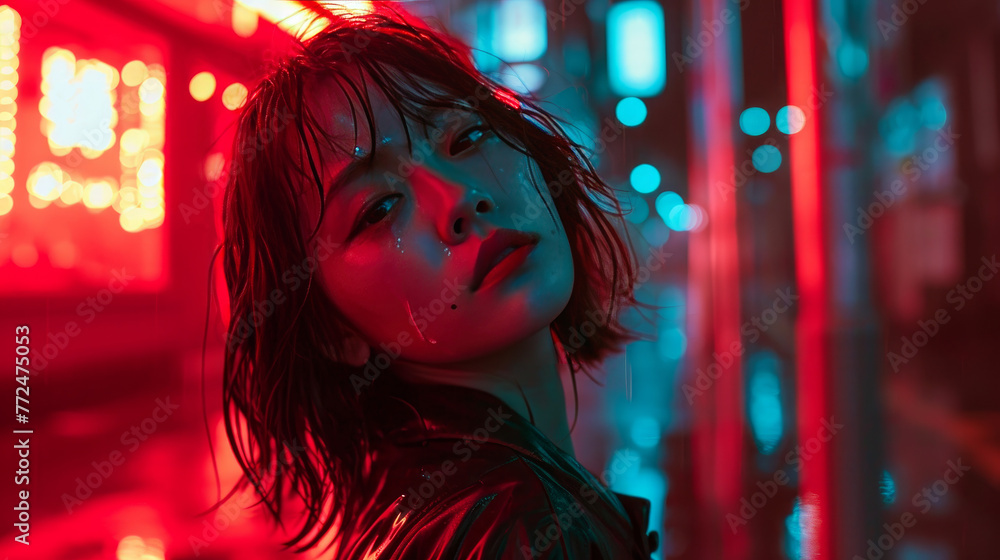 Woman Poses In A Dimly Lit Urban Setting Capturing The Essence Of The Lo Fi Aesthetic Stock
