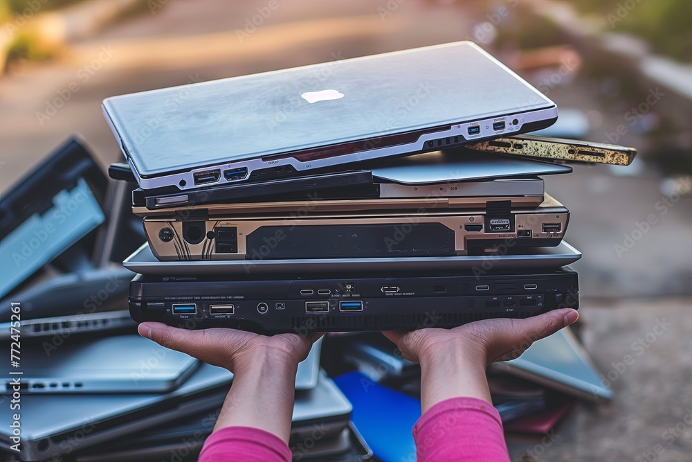 Hands holding pile of laptop computers. Pile of old computers. Donation ...