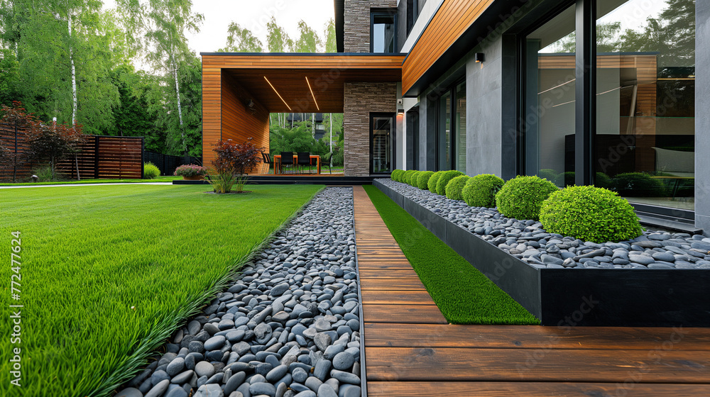 Contemporary lawn turf with wooden edging in front yard of modern house ...
