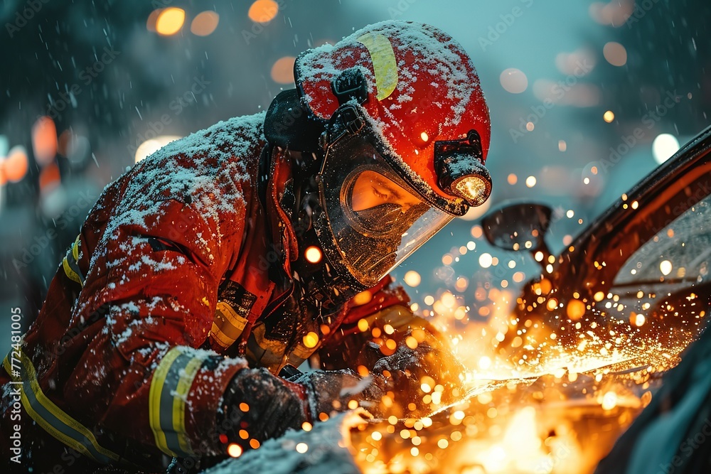 A firefighter using a cutting tool to extricate a trapped individual ...