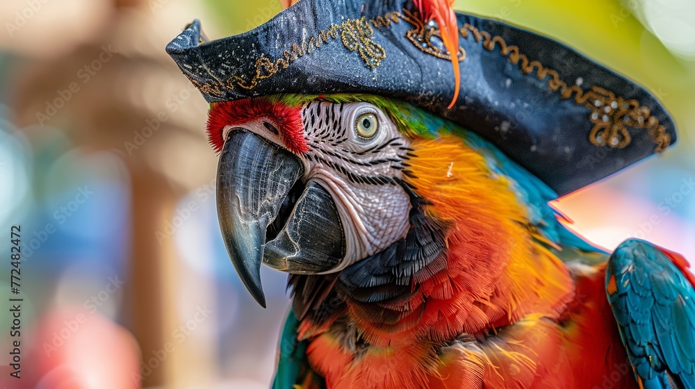 Bold parrot with a pirate hat squawks loudly against a white canvas ...