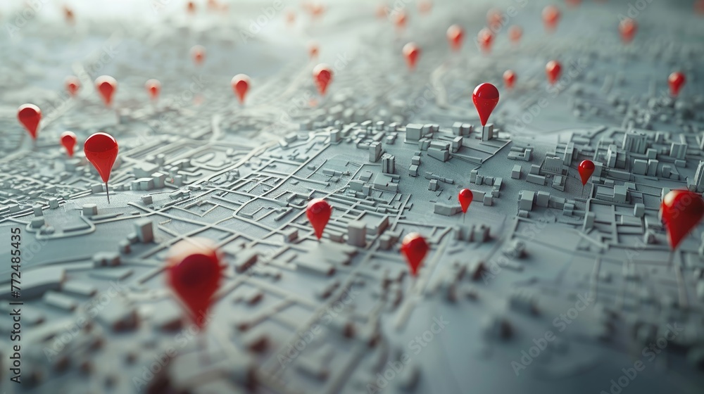 Conceptual city map with red location pins on a white 3D layout Stock ...