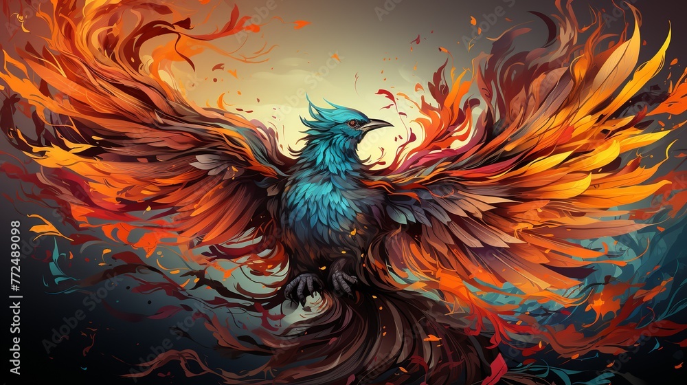 Large phoenix bird, long and fiery tail, colorful rainbow Generate AI ...