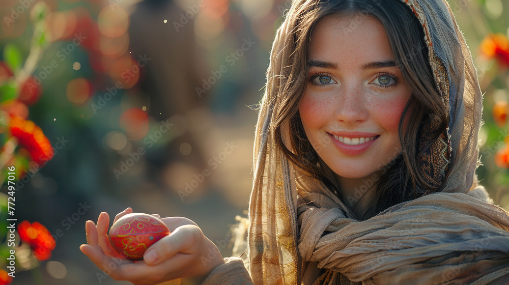 Christian woman with red Easter egg. Mary Magdalene. For Easter ...