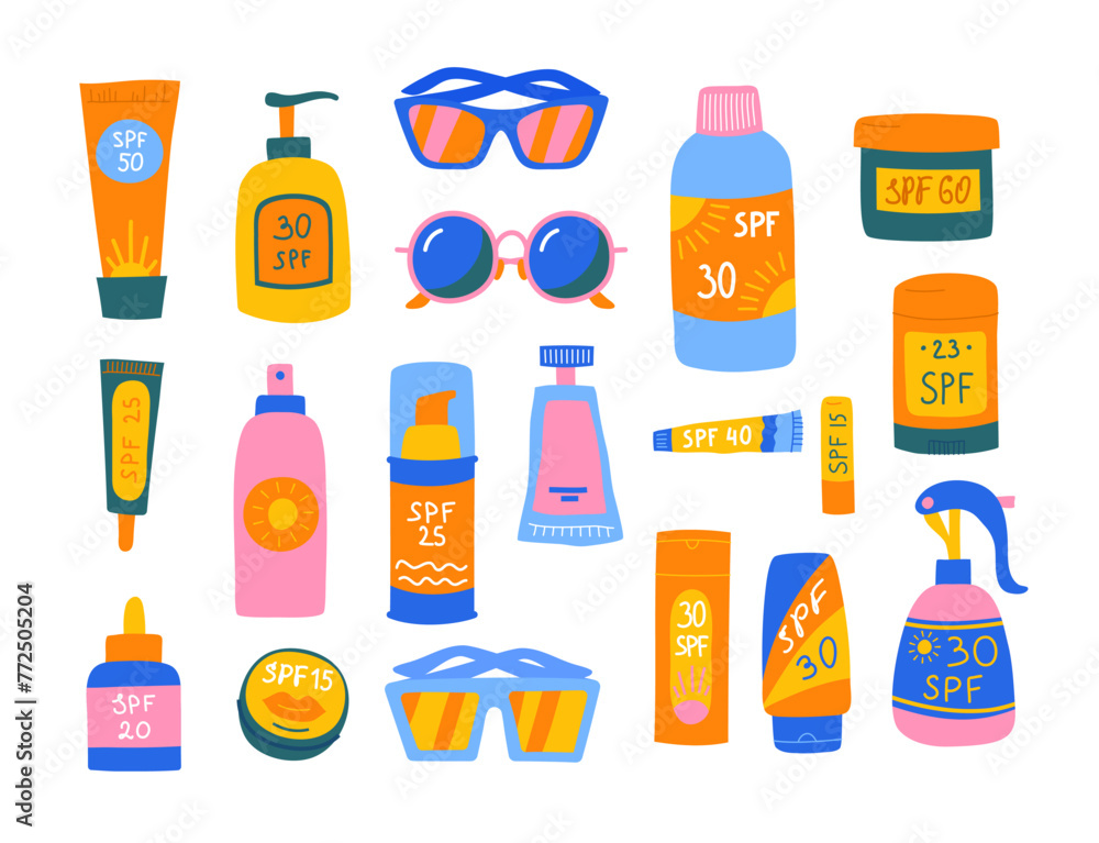 Cartoon Color Different Type Spf Sunscreen Products Icon Set Concept ...