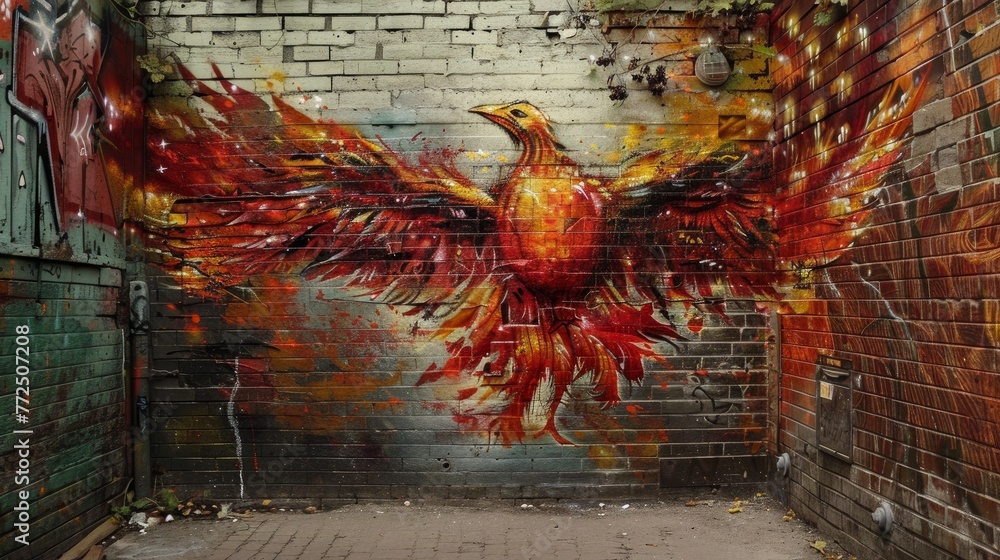 Graffiti art of a phoenix rising from ashes in an alleyway Stock ...