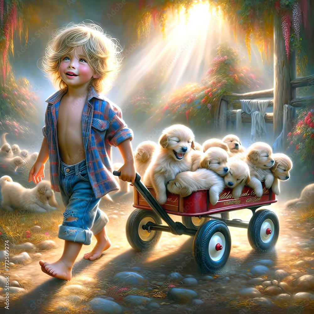 A happy young boy with blonde hair is pulling a red wagon filled with ...