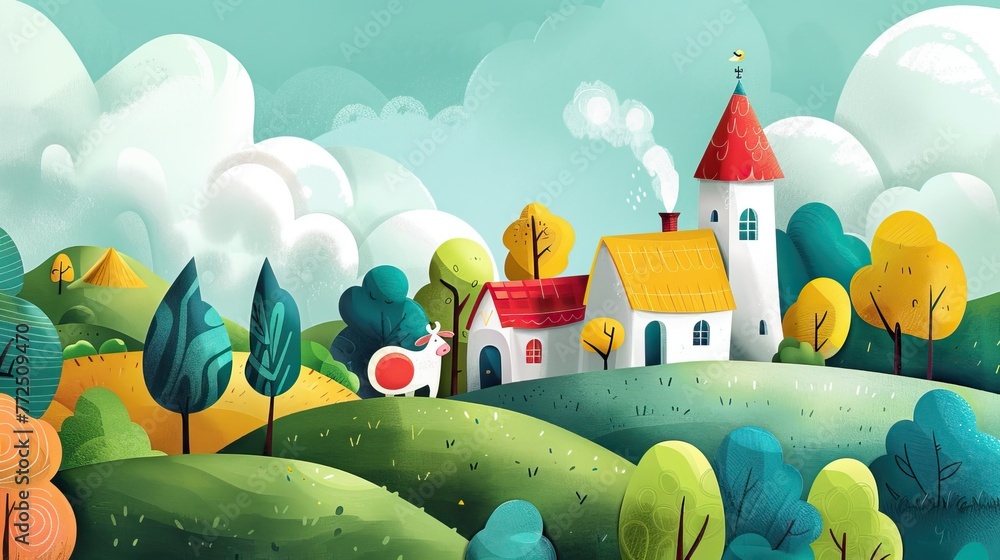 Cartoon landscape with a small house and trees Stock Illustration ...