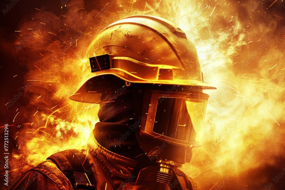 Steel foundry protective equipment and helmet surrounded by glow and ...