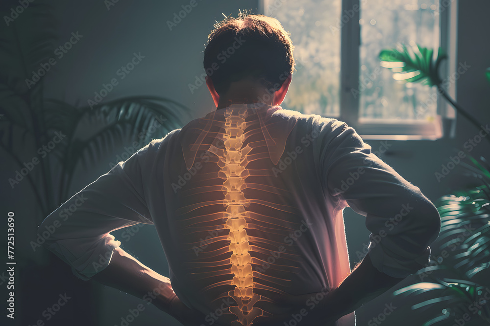 Back pain visualized in augmented reality, old man suffering from ...