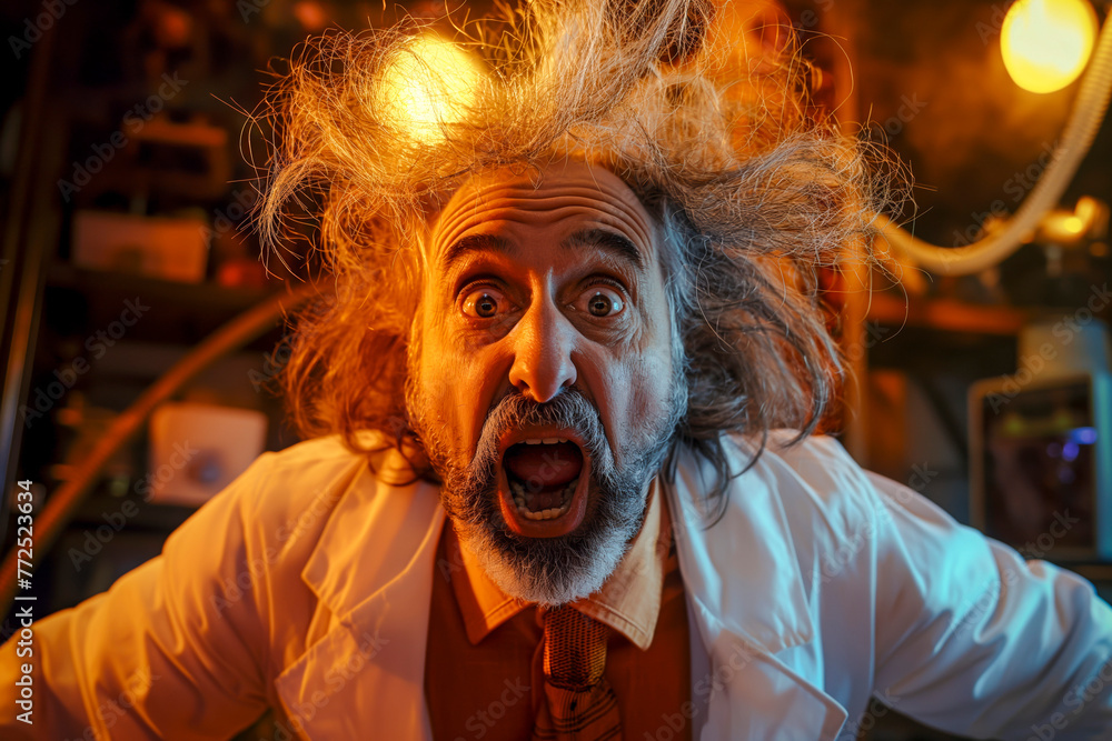 Portrait of a mad scientist with wild hair and a lab coat, caught in a ...