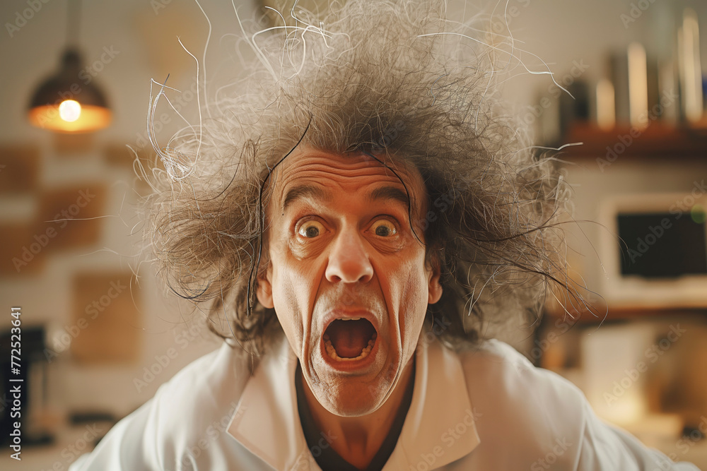 Portrait of a mad scientist with wild hair and a lab coat, caught in a ...