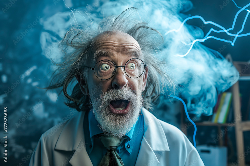 Portrait of a mad scientist with wild hair and a lab coat, caught in a ...