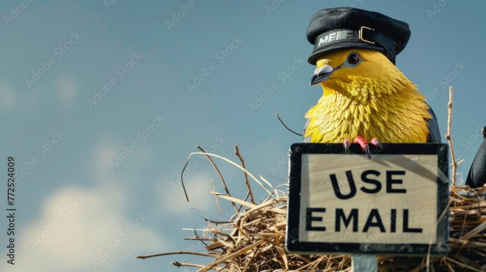 Yellow pigeon in the uniform of a postman wearing mail, an old ...