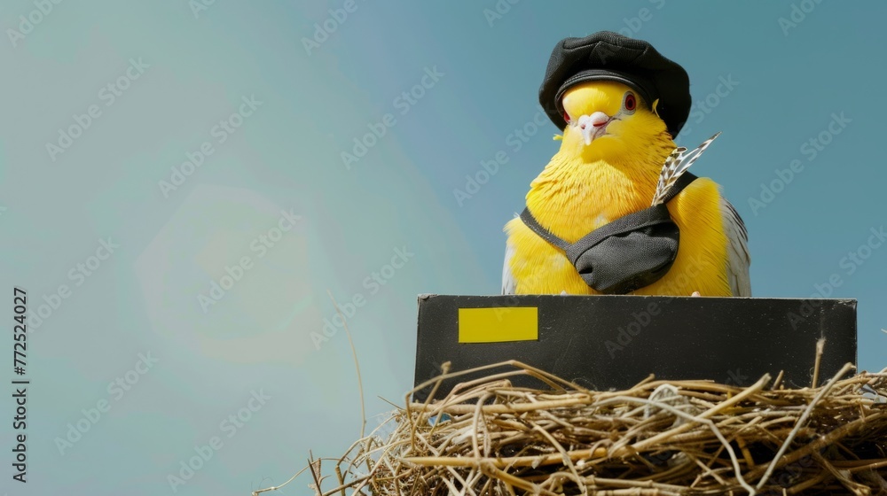 Yellow pigeon in the uniform of a postman wearing mail, an old ...