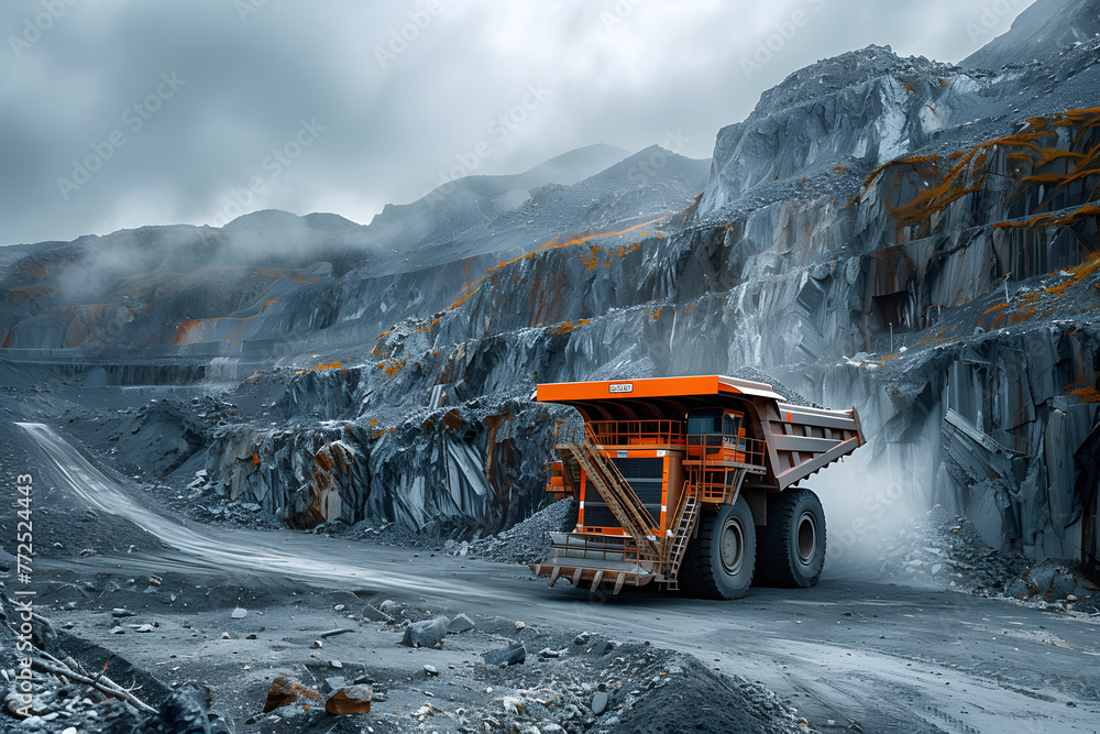 Heavy-duty mining truck in a mountainous quarry. Industrial extraction ...