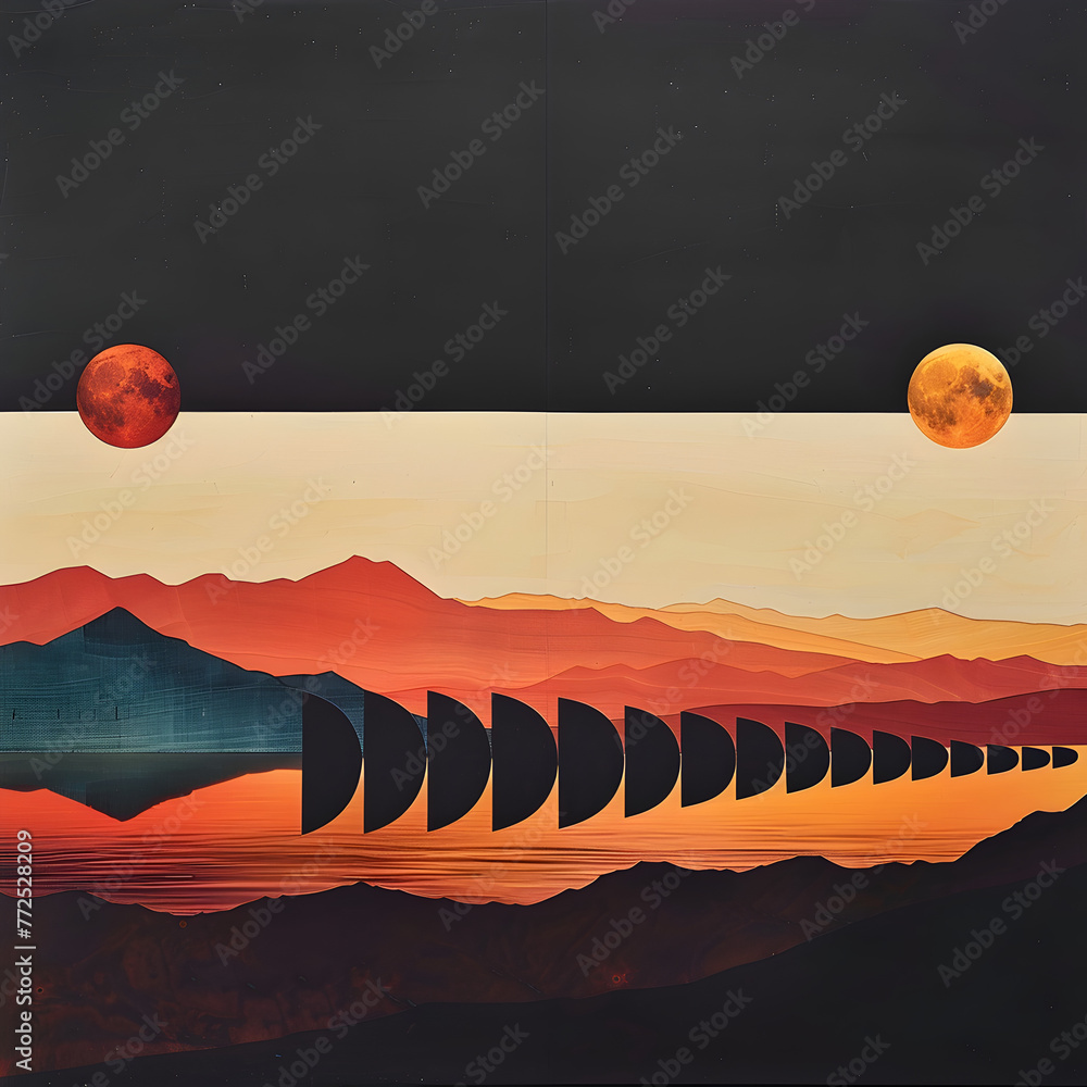 Evocative image of the moon's phases in a diagonal line intersecting a ...