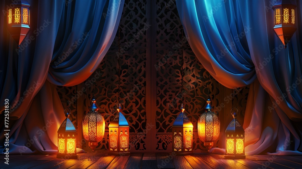 Realistic 3D drawing of a lamp lantern and silk drape curtain for the ...