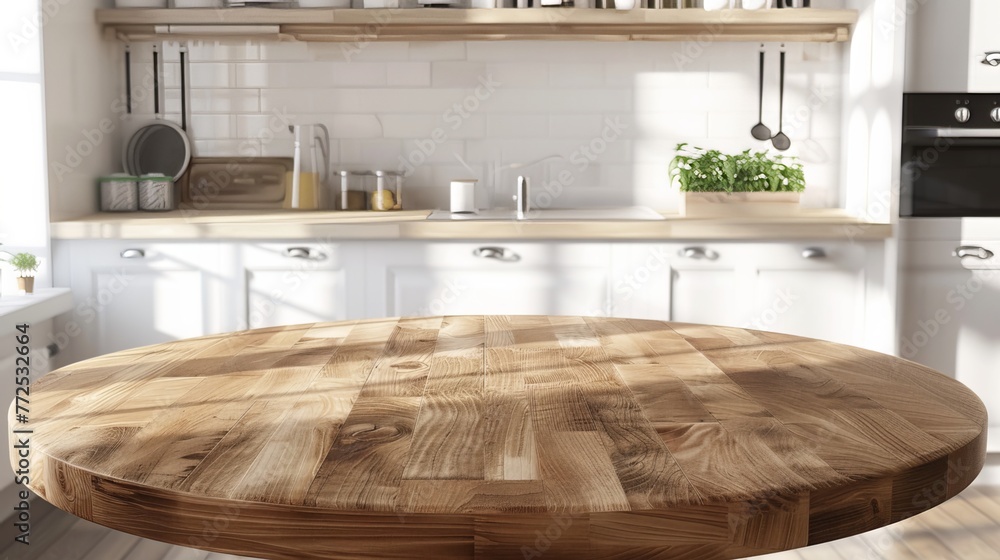 Empty the lovely round wood tabletop counter inside the spotless, well ...