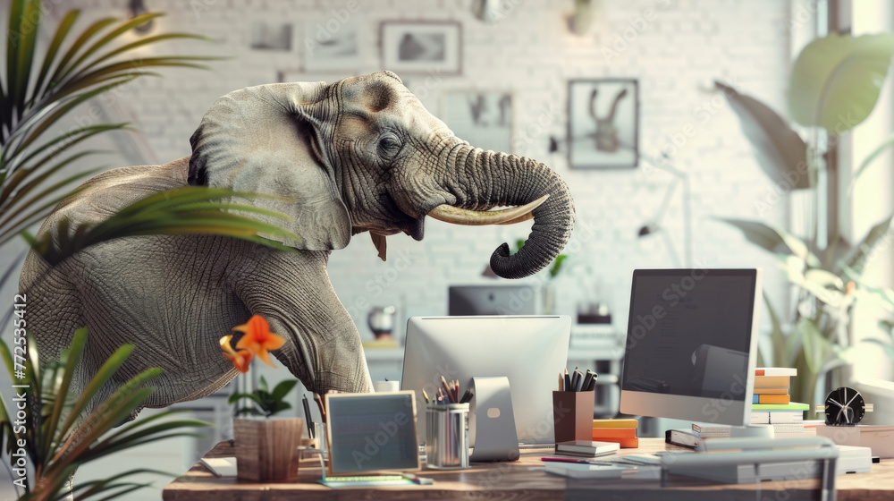 An elephant stands on its hind legs in front of a computer screen ...