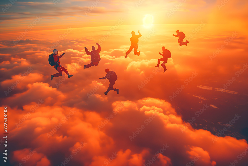 Skydiving group at the sunset Skydivers make a formation above the ...