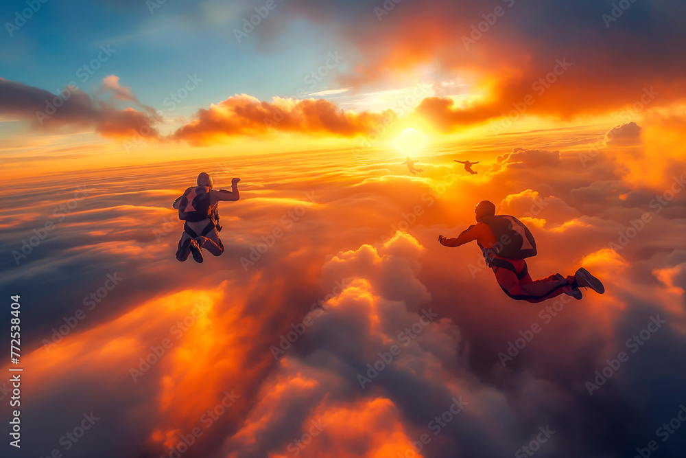 Skydiving group at the sunset Skydivers make a formation above the ...