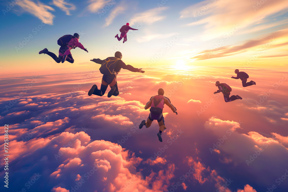Skydiving group at the sunset Skydivers make a formation above the ...
