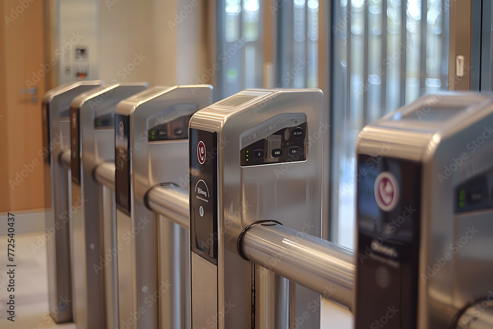 Row of turnstiles equipped with NFC card readers for secure entry ...