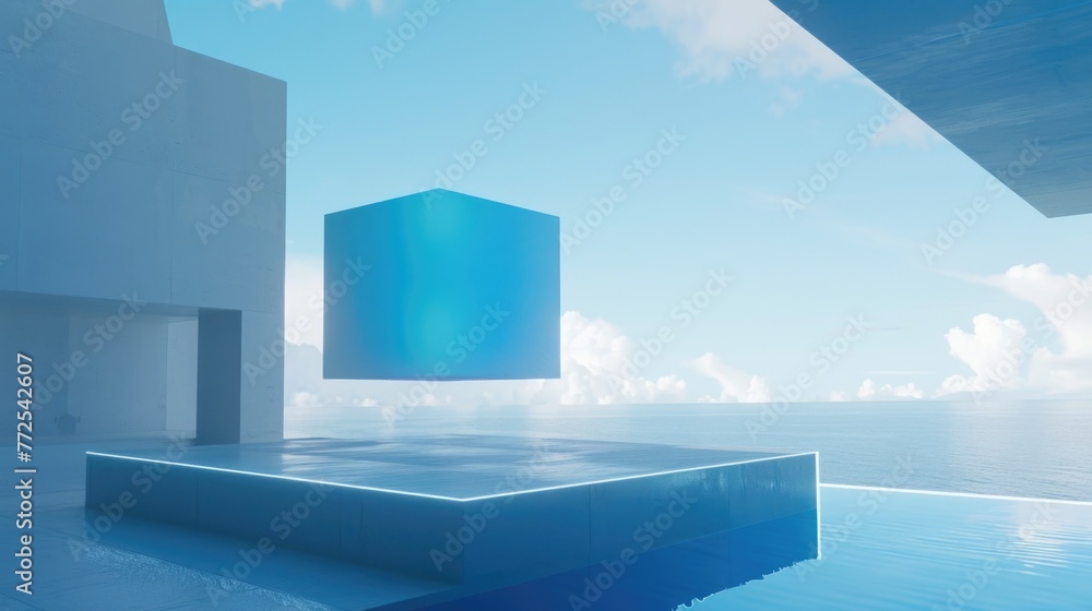 Blue cube floating in air above water building 3d landscape Stock ...