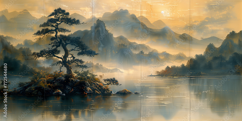 Traditional eastern art. Ink painting. Zen. ancient scroll. Fantasy ...