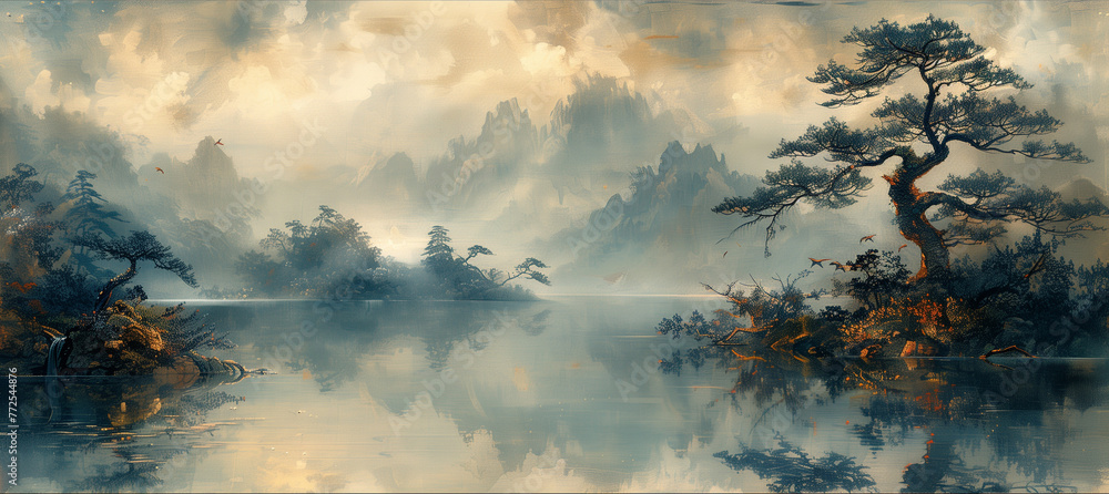 Traditional eastern art. Ink painting. Zen. ancient scroll. Fantasy ...