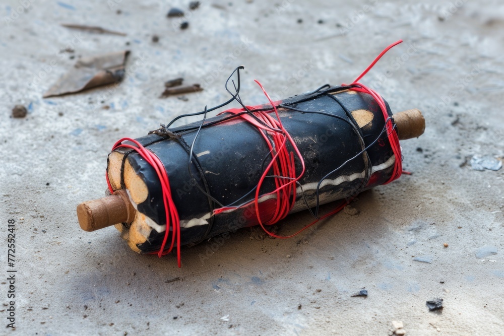 A small black object is connected by a vibrant red string, creating a ...