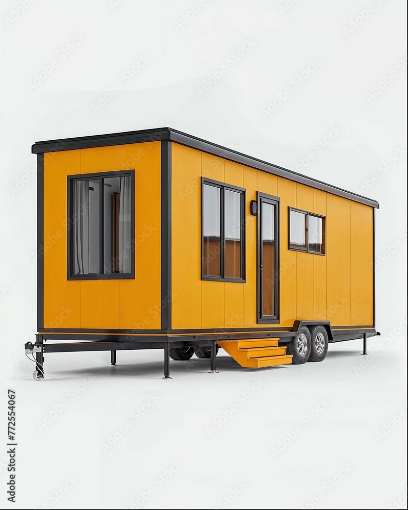a small yellow and black mobile home with sliding doors on wheels ...