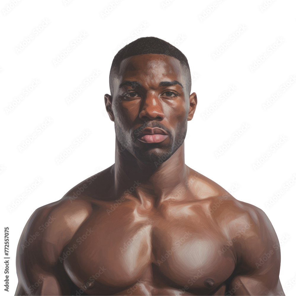 A barechested bodybuilder with a beard is standing confidently in front ...