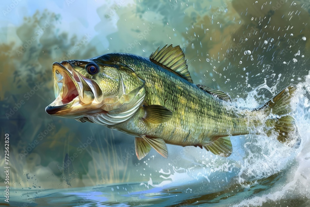 Largemouth Bass Leaping Out of Water, Realistic Illustration of ...