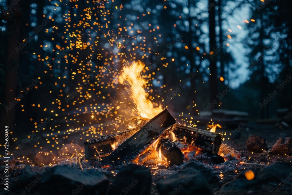 Bonfire in the forest on a background of the evening sky. Stock Photo ...