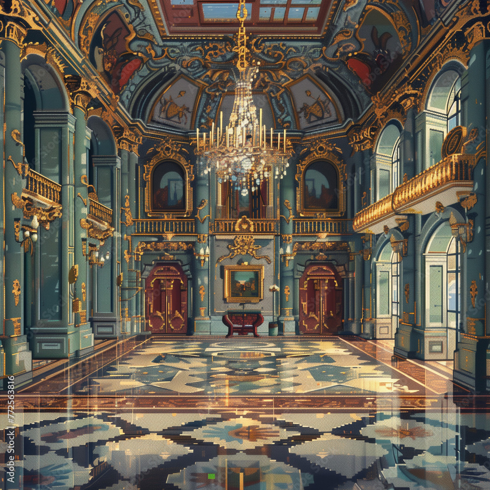 video game landscape of a ballroom, romantic games, pixel art of a ...