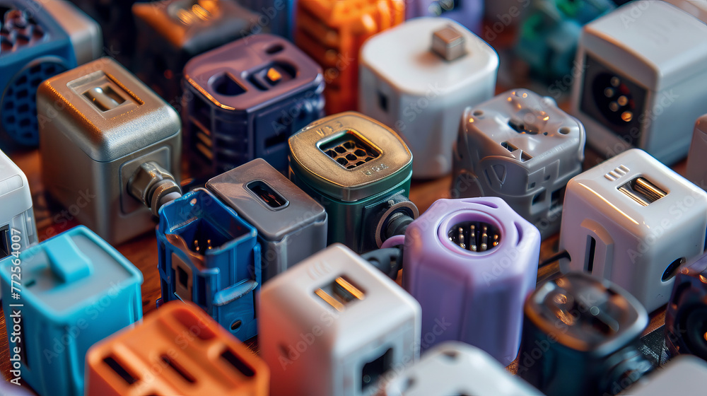 A collection of various universal plug adapters, also known as travel ...