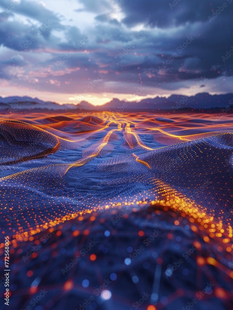 Abstract portrayal of a desert with trade routes marked as digital ...