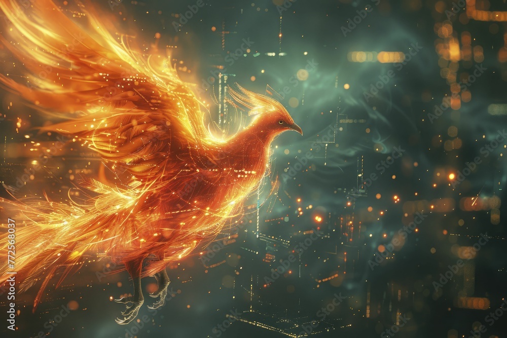 An inspiring visualization of a digital phoenix symbolizing economic ...
