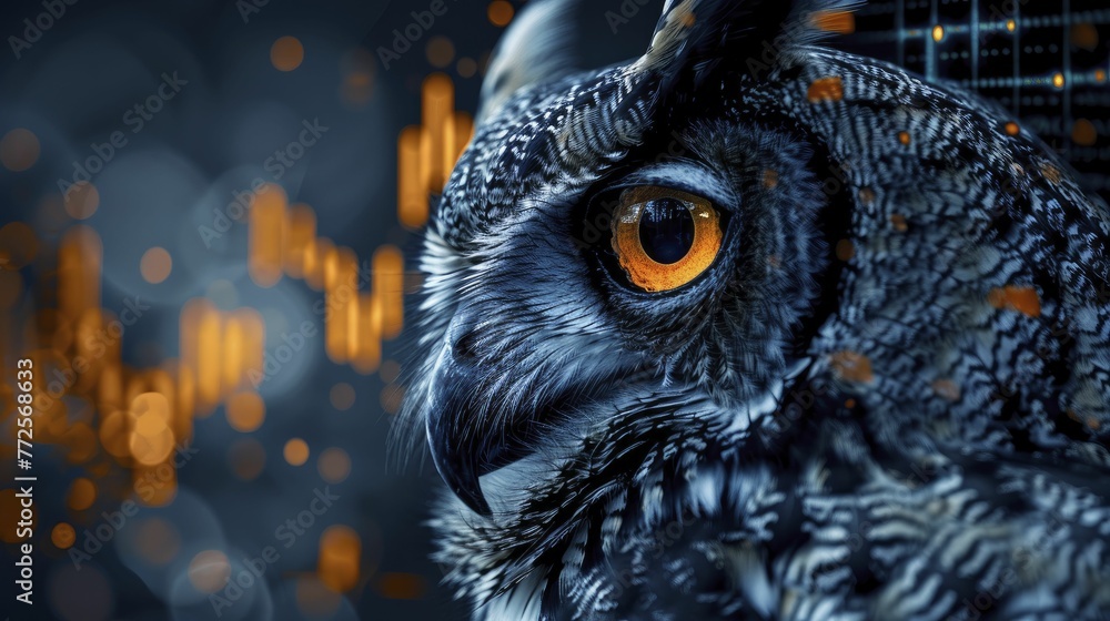 Clean graphic of an owl with eyes shaped like financial graphs, on a ...