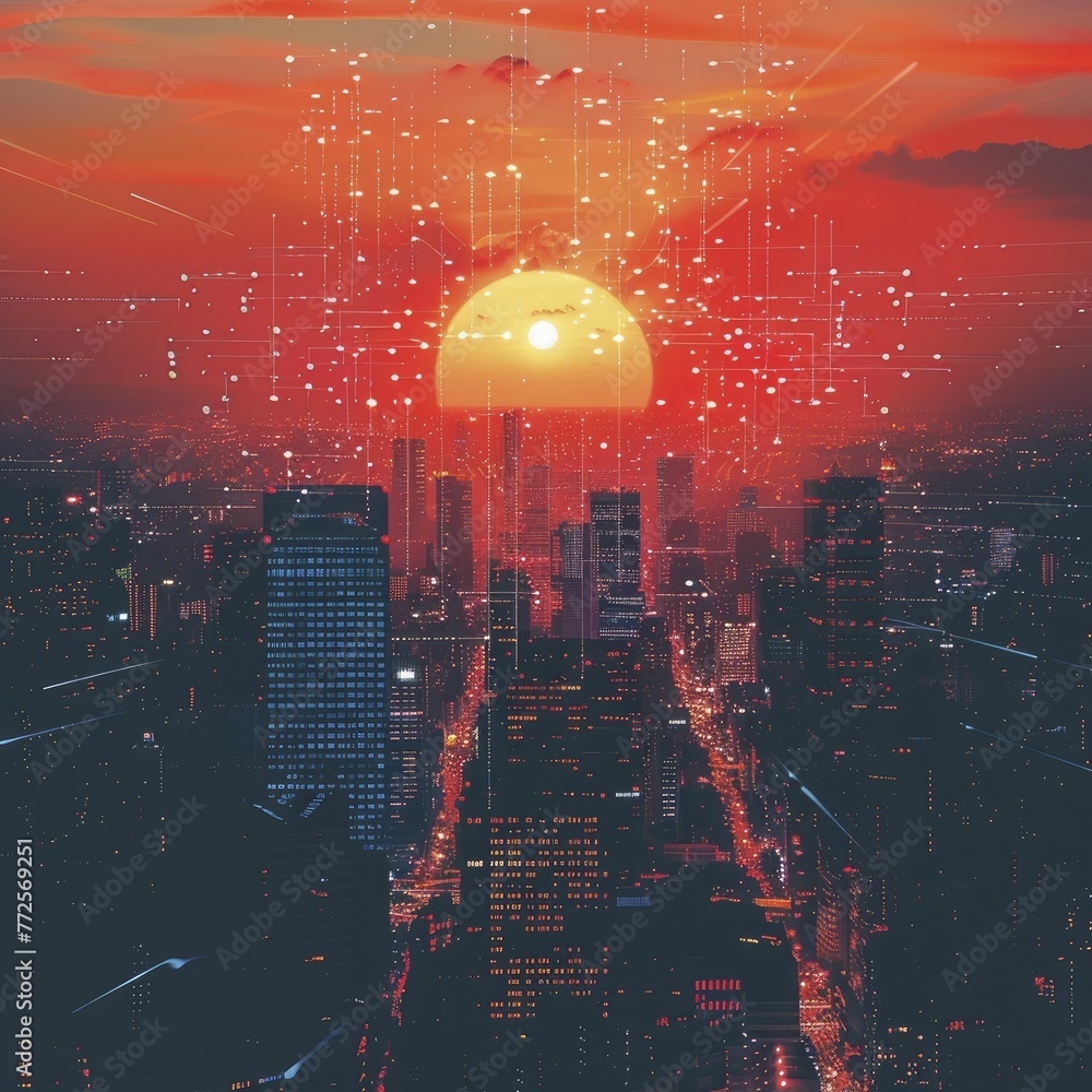 Minimalistic design of a sunrise over a digital cityscape, on a new ...