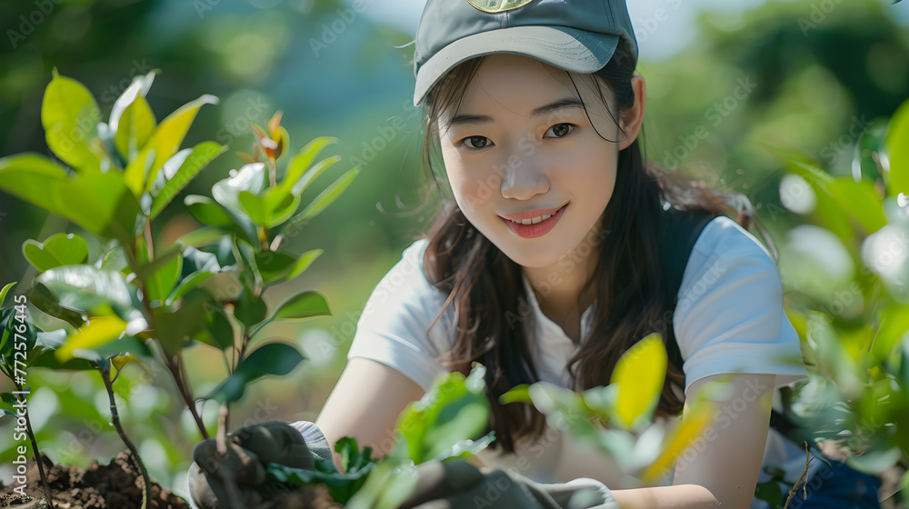 Asian volunteers actively participate in a greenery project by planting ...