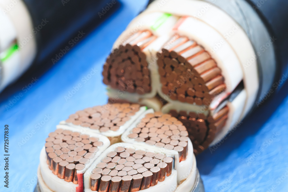 Cross section of high-voltage cable, polymer insulation. Close-up of ...