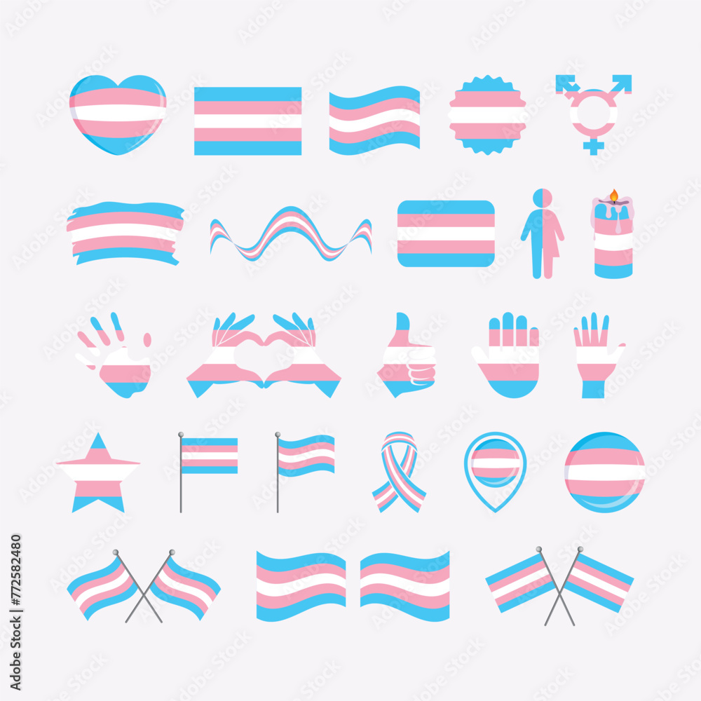 Transgender pride flag and symbols many icon set vector. Transgender ...