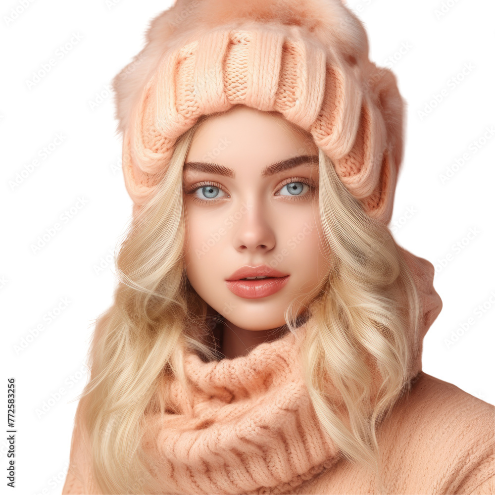 The woman gazes at the camera with a sweater and hat, showcasing her ...